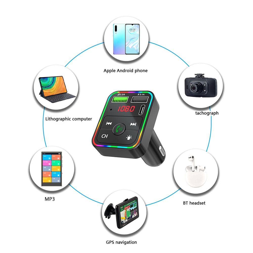Bluetooth Car Adapter, Fm Transmitter Bluetooth, Wireless Modulator with Led Display Car Kit, Fast Car Charger & USB C Port, MP3 Player Radio Kit for Car Stereo, 12V Cigarette Lighter Adapter