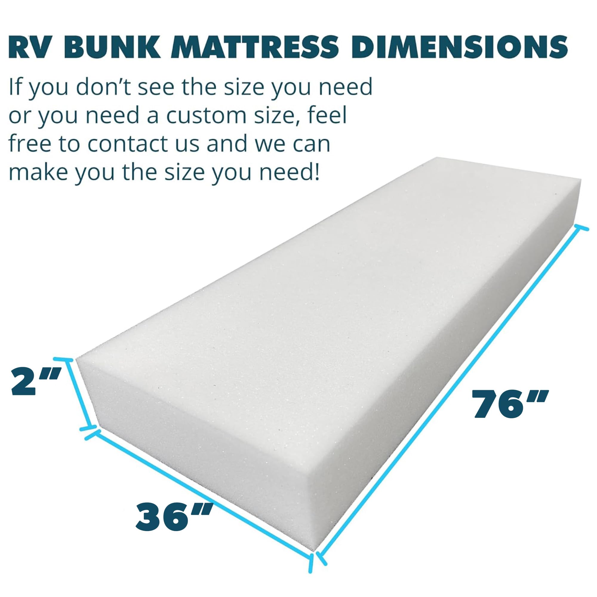 Foamma 2” x 36” x 76” Truck, Camper, RV High-Density Bunk Mattress Foam Replacement, Made in USA, Comfortable, Travel Trailer, CertiPUR-US Certified, Cover Not Included