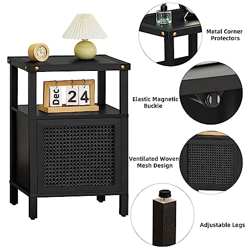 Lerliuo Rattan Nightstand, Side End Table with Handmade Natural Rattan Door and Open Shelf, Wood Accent Night Stand with Storage, Mid Century Modern Bedside Table for Bedroom, Living Room (Black)