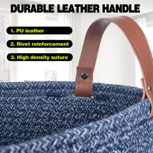 Twira Extra Large 20x16 Inches Cotton Rope Basket, Woven Baby Laundry Blanket Basket with Leather Handle Toy Basket Storage Baskets Bin for Yoga Mat & Towel (Black)