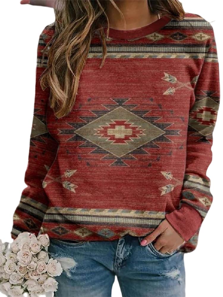 Chvity Womens Long Sleeve Western Shirts Round Neck Sweaters Shirts Ethnic Graphic Sweatshirts Pullover for Fall Casual Deep Red L