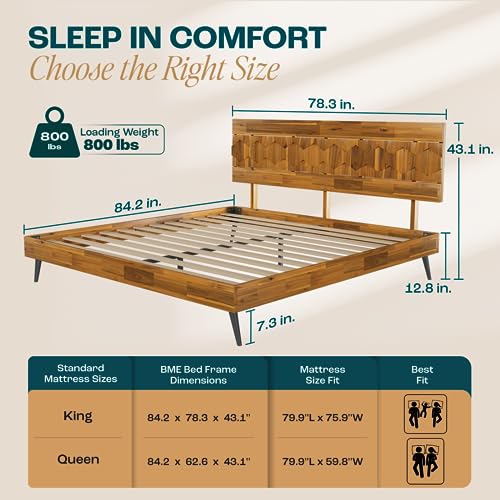 Bme Georgina King Bed Frame and Headboard, Handcrafted Geometric Pattern Solid Wood Platform Bed Frame, No Box Spring Needed, 12 Strong Wood Slats Support, Easy Assembly, Teak Brown