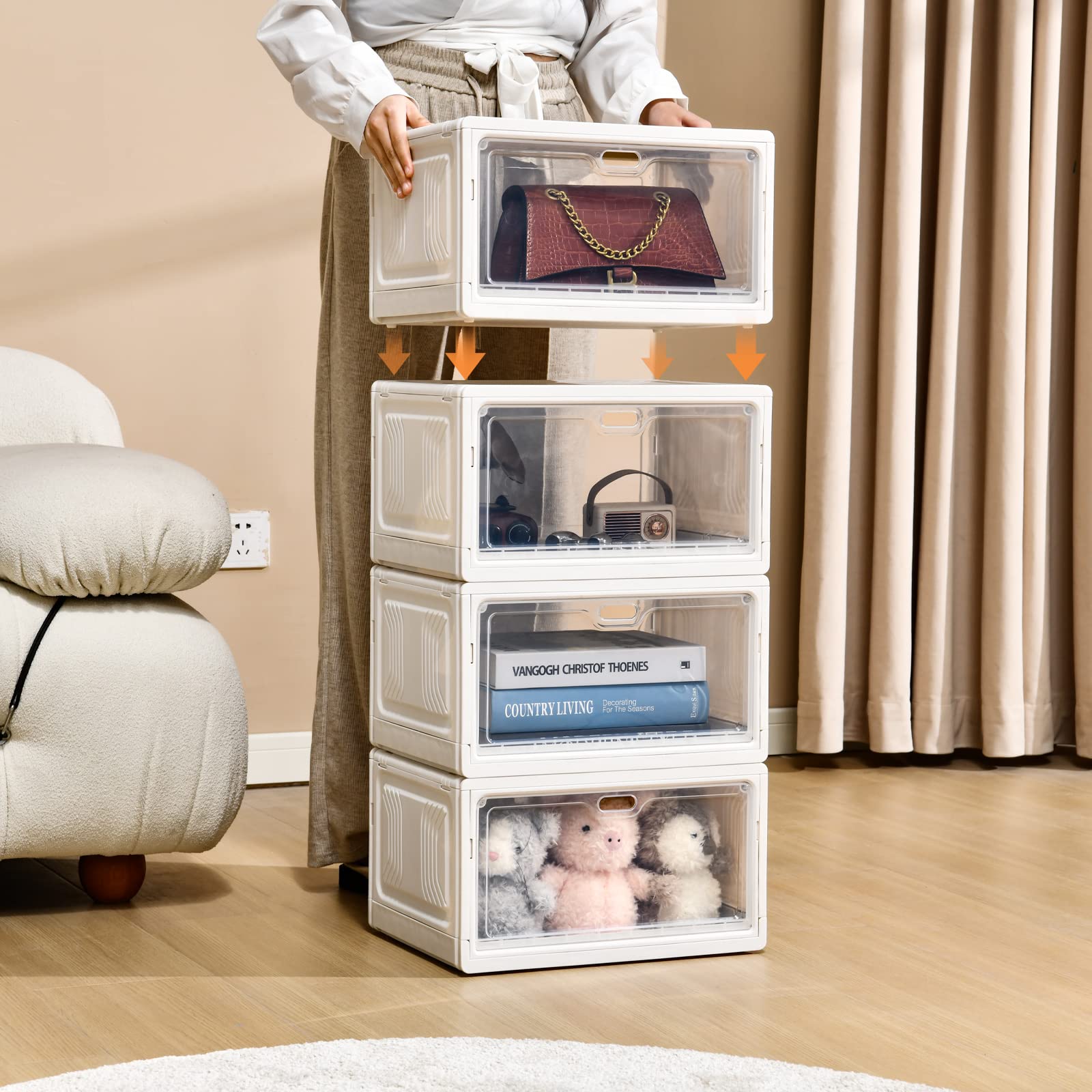 Clemate Shoe Storage Box, Shoe Organizer, Folding Storage Box with Magnetic Door, Stackable Shoe Storage Box, Containers for Organizing,4Pack