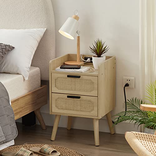 Duitrc Nightstand, End Table, Side Table with Charging Station & 2 Hand Made Rattan Decorated Drawers, Nightstands Set of 2, Wood Accent Table with Solid Wood Feet, with Open Storage, Natural, 2 Pack