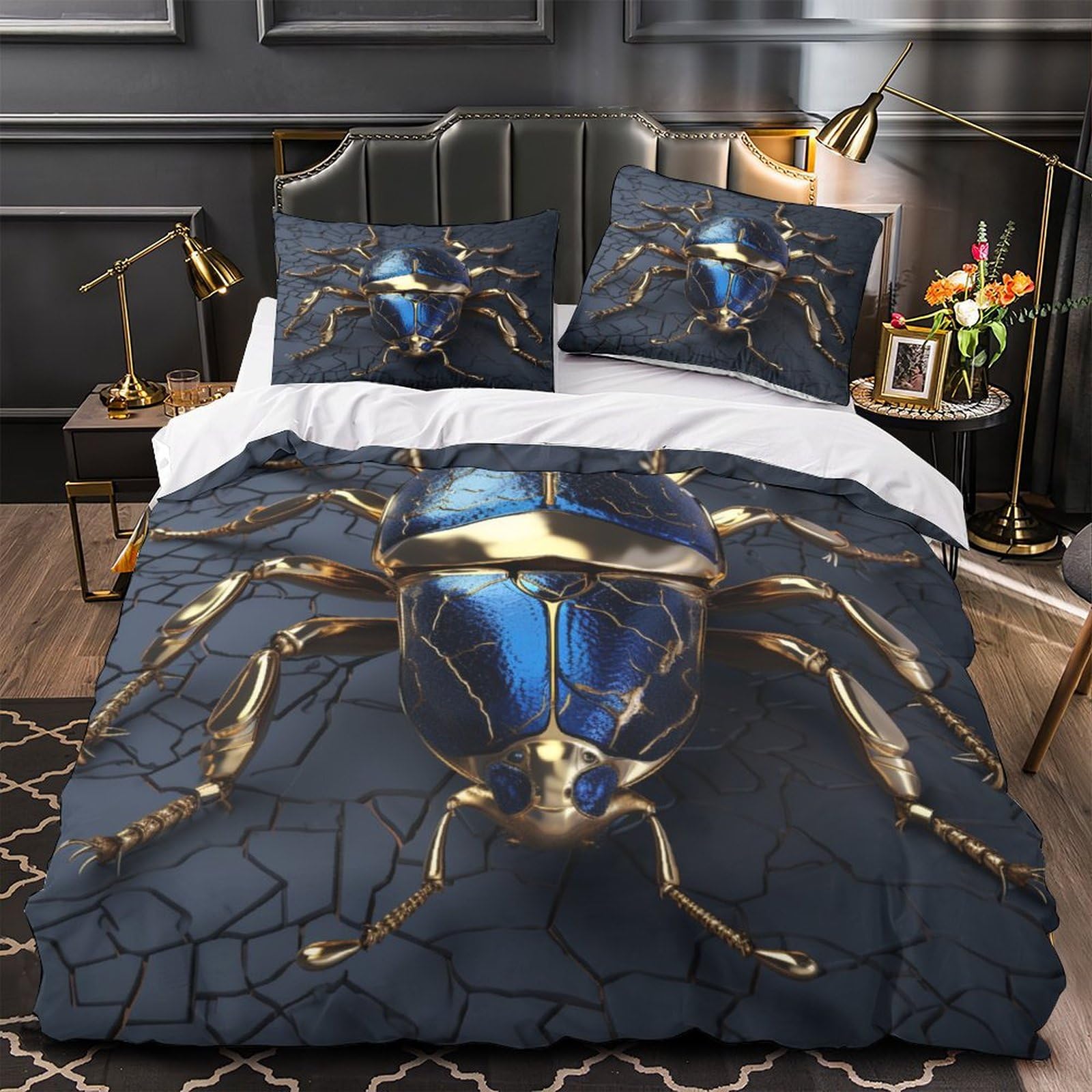 EVMILA Blue Beetle 3D Print Insects Comforter Covers Duvet Cover for Boys Girls Quilt Cover Bedding Set with Zipper Closure with Pillow Cases Soft Microfiber 3 Pieces Twin(173x218cm)