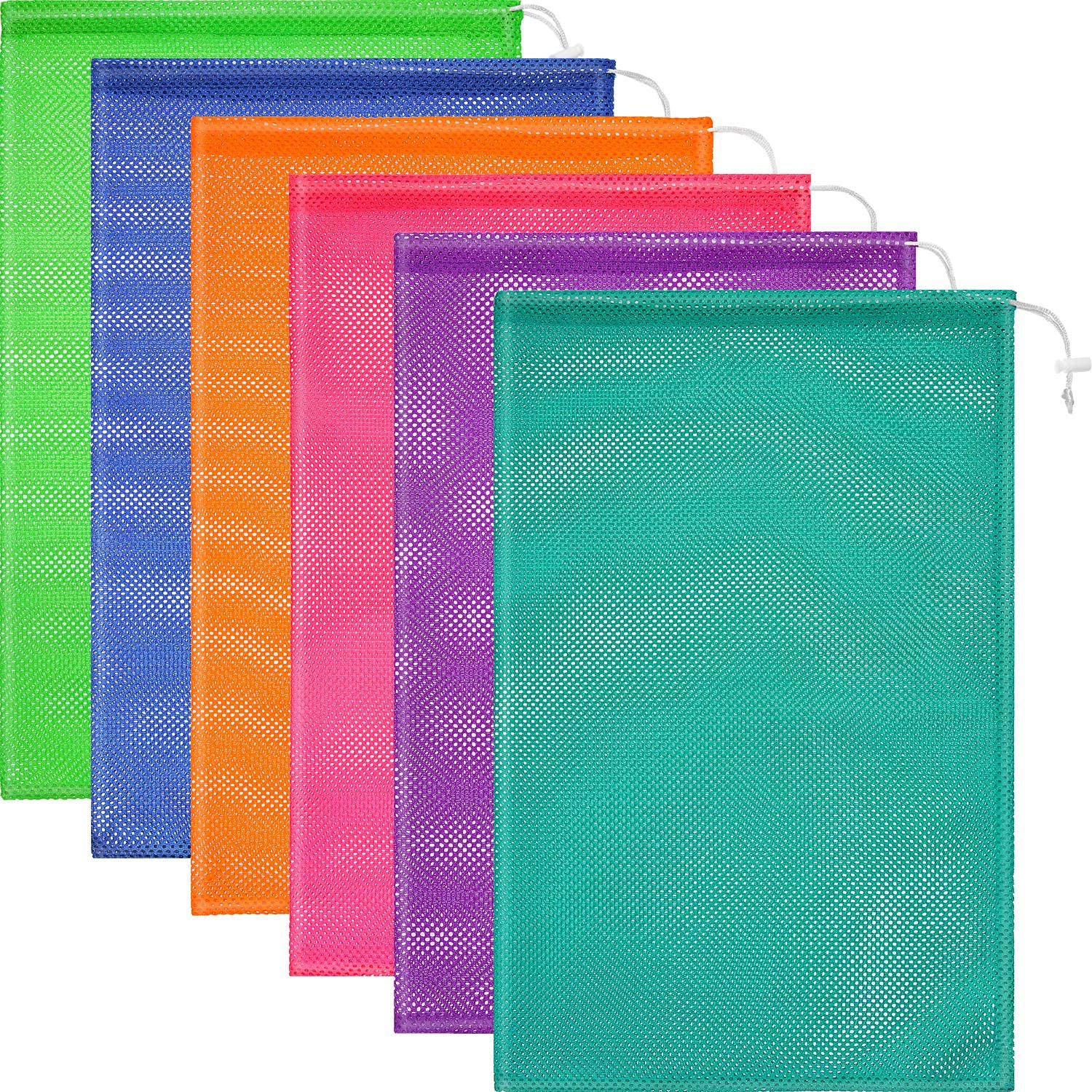Frienda 6 Pieces Mesh Stuff Sack, 12 x 18 Inch Durable Nylon Mesh Drawstring Laundry Bag for Rinsing Beach Toys, Seashell Collecting, Mesh Bags and Travel (Multicolor)