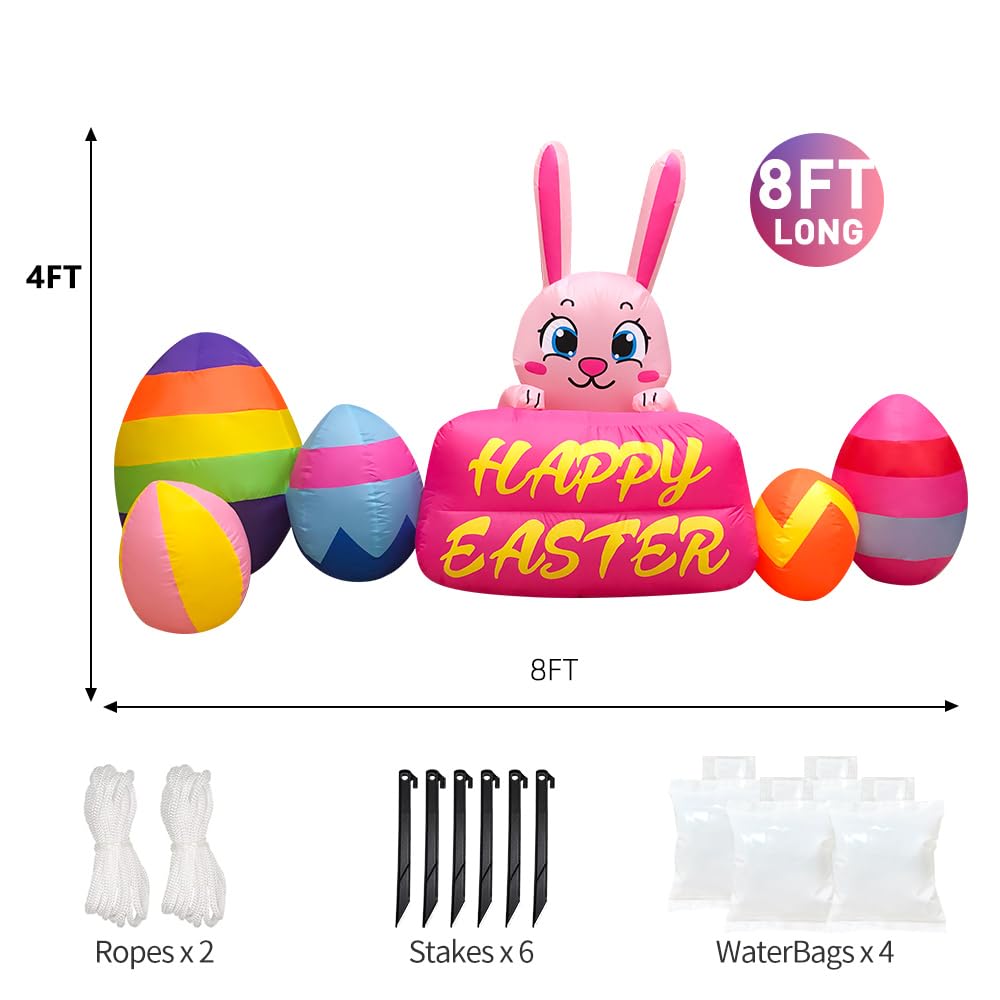 Domkom 8FT Easter Inflatable Decorations Bunny with Eggs, Build-in LED Lights Holiday Blow Up Yard Decoration, for Easter Holiday Party, Outdoor,Garden, Yard Lawn Decor