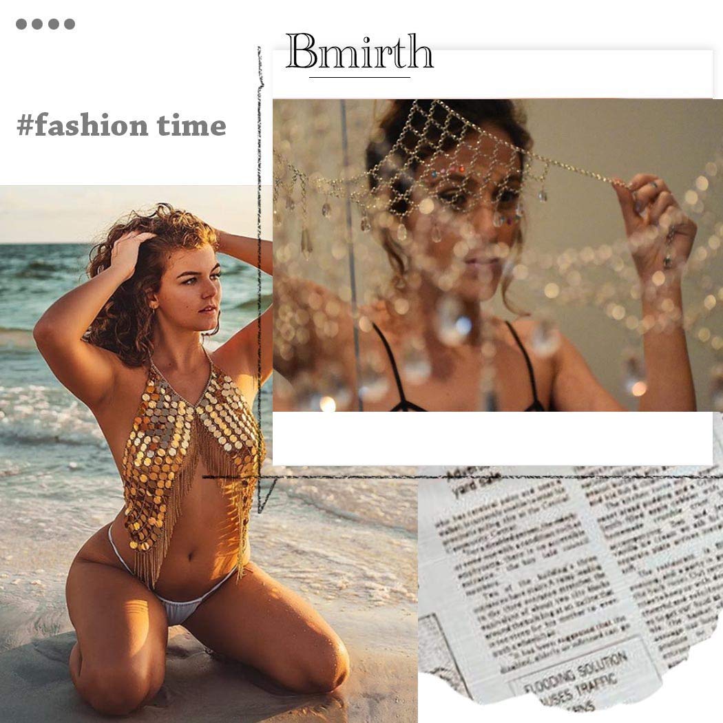 Bmirth Boho Gold Body Chain Pearl Tassel Waist Chain Sexy Bikini Bar Chain Rave Nightclub Party Body Accessory (B)
