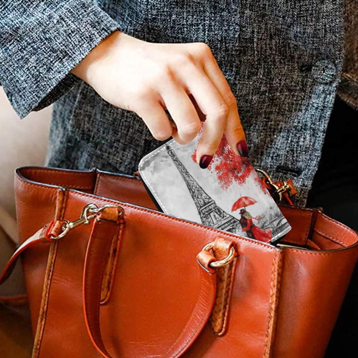 MOYYO RFID Credit Card Holder Case Oil Painting Paris Eiffel Tower Leather Printed Zipper Card Case Wallet for Women Girls