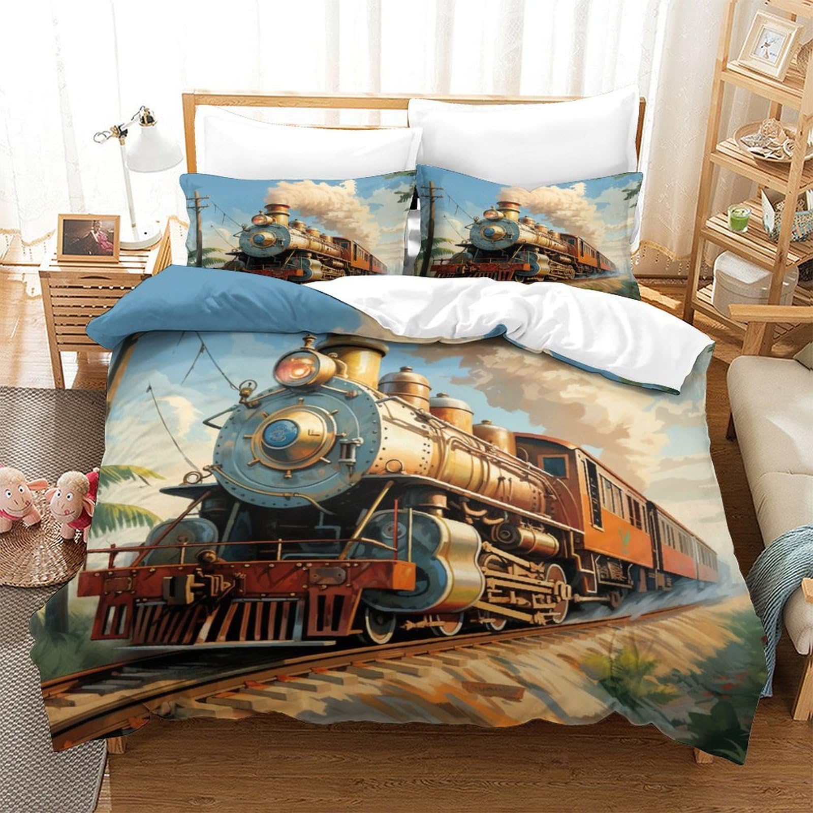 EVMILA Steam Train Comforter Covers for Boys Girls 3D Print Steampunk Duvet Cover Quilt Cover with Pillow Cases with Zipper Closure Bedding Set Soft Microfiber 3 Pieces Twin(173x218cm)