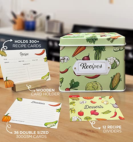 Complete Kitchen Recipe Box Set with 36 Cards, 12 Dividers & Wooden Card Holder | Recipe Card Organizer, Decorative Metal Recipe Tin Set for 4x6 Cards