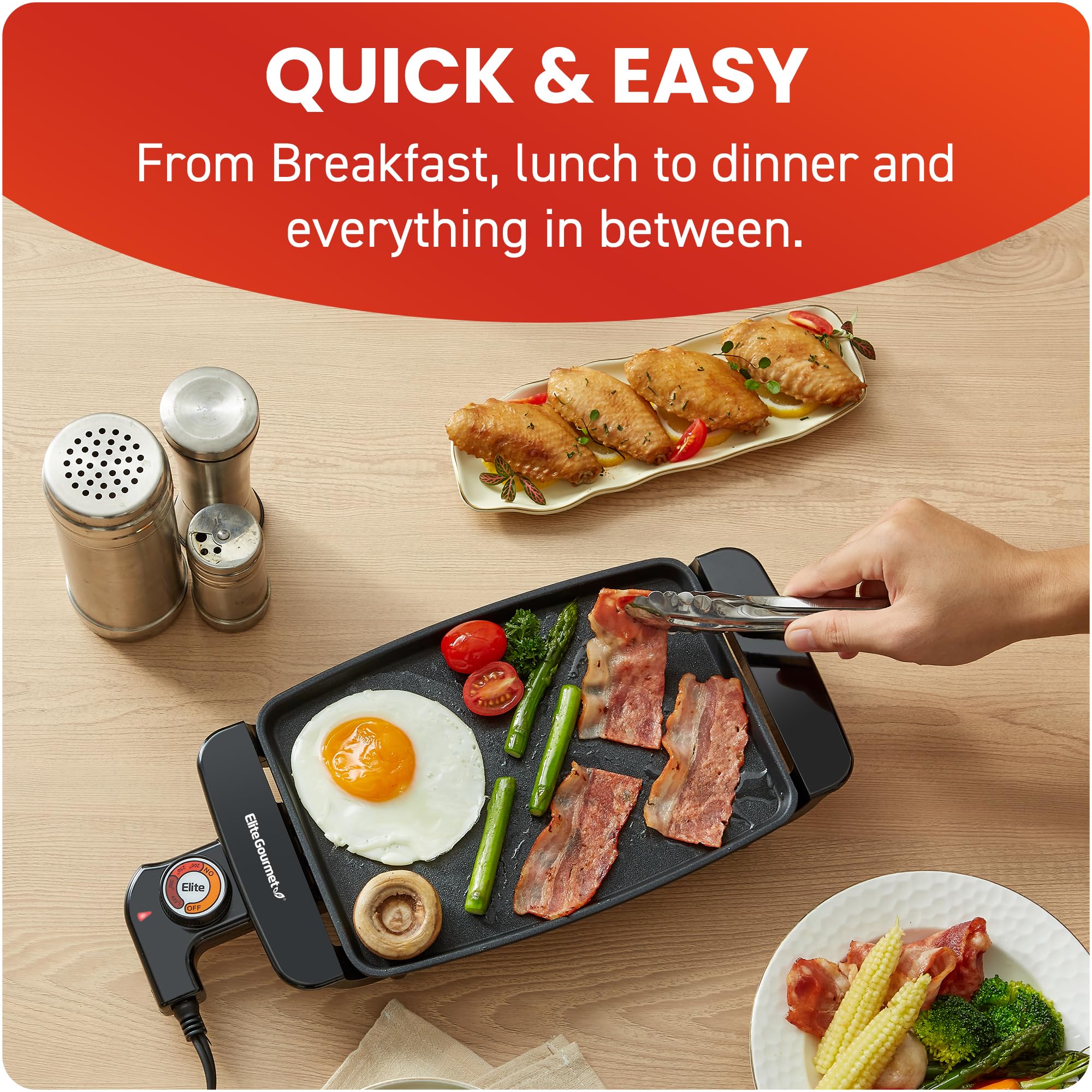 Elite Gourmet EGR8152 Electric 10" x 7" Personal Compact Griddle, Cool-touch Handles Non-Stick Surface, Removable/Adjustable Thermostat, Black