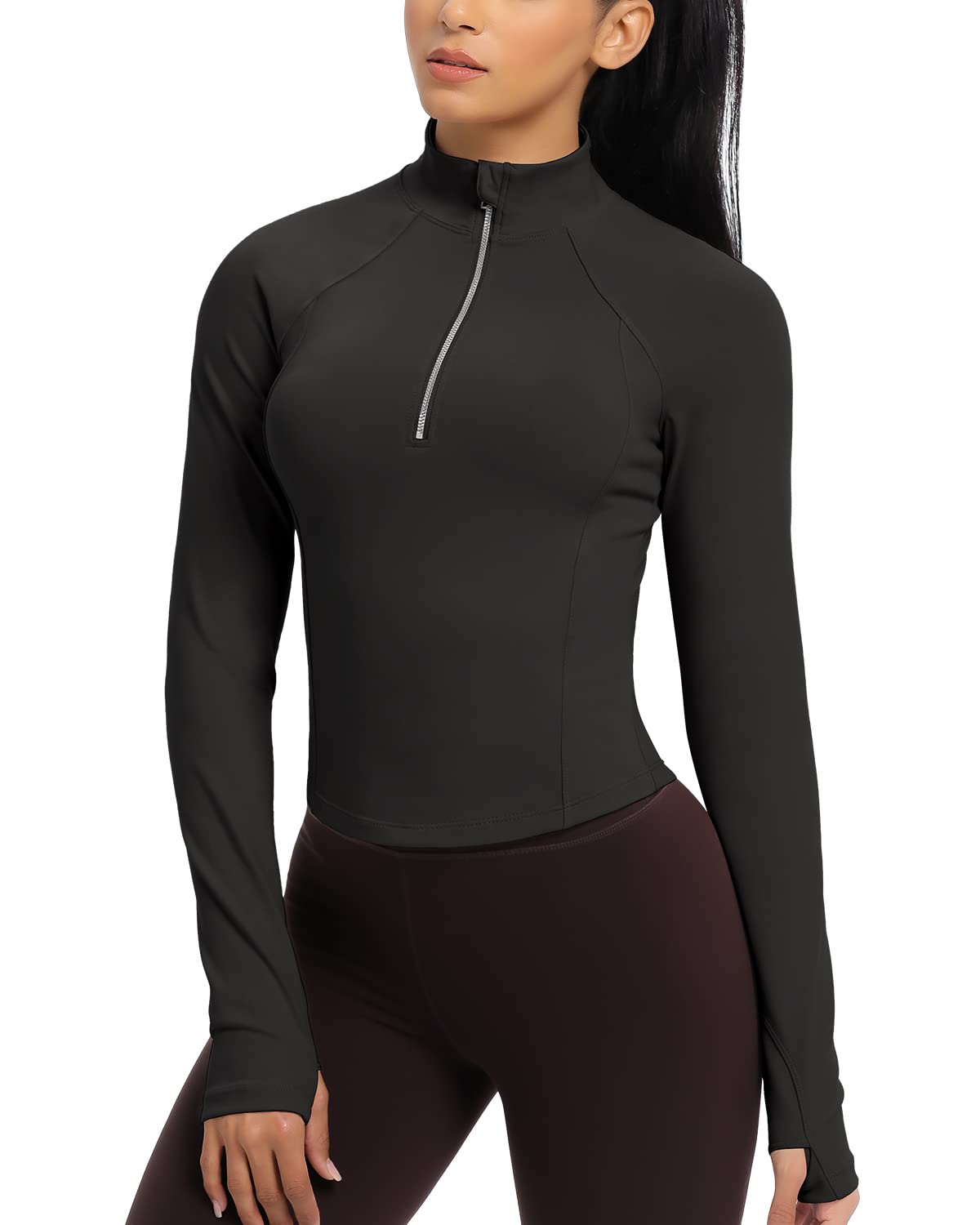 colorskin Women's Cropped Athletic Jackets Half Zip Pullover Long Sleeve Workout Shirts Crop Tops for Running Yoga(Black,Medium)