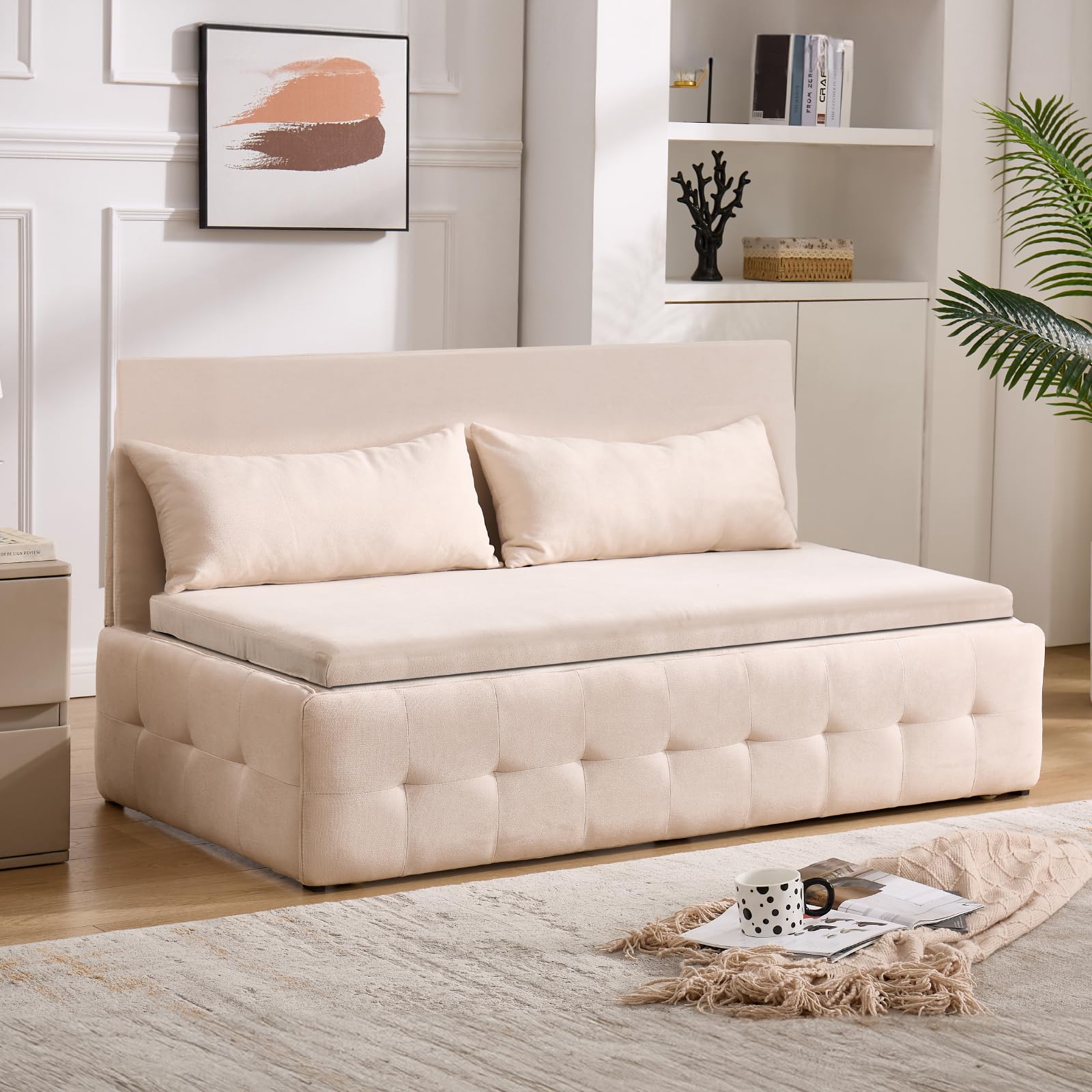 EDWINENE Pull-Out Sofa Bed, Convertible Sleeper Sofa Couch, Modern Comfy Sofa Cama with 2 Soft Pillows, Loveseat Couch for Living Room, Apartment (Beige)