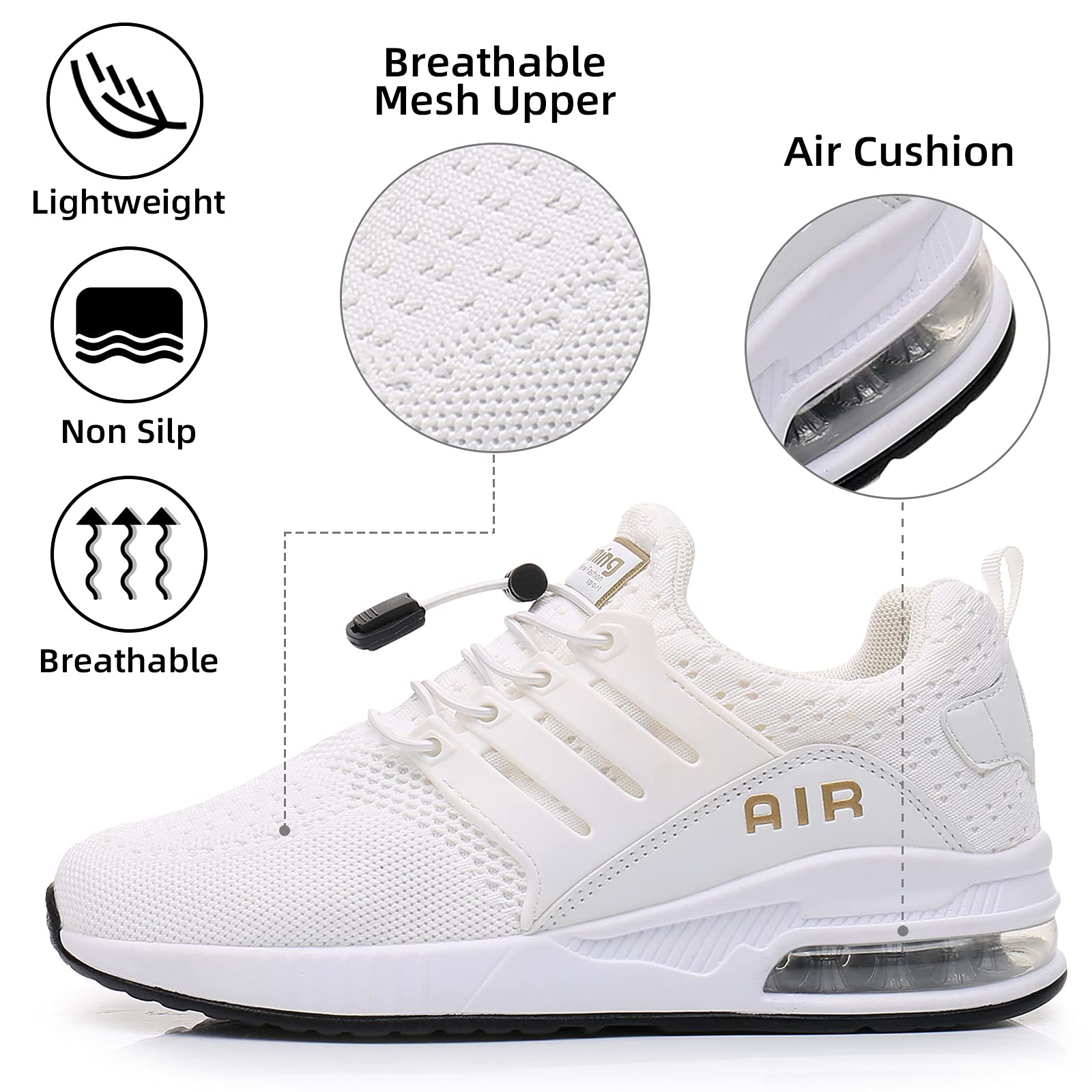 BOGOVER Womens Lightweight Air Running Shoes, Breathable Gym Jogging Running Tennis Sneakers with Air Cushion,No Tie (White, 8.5)