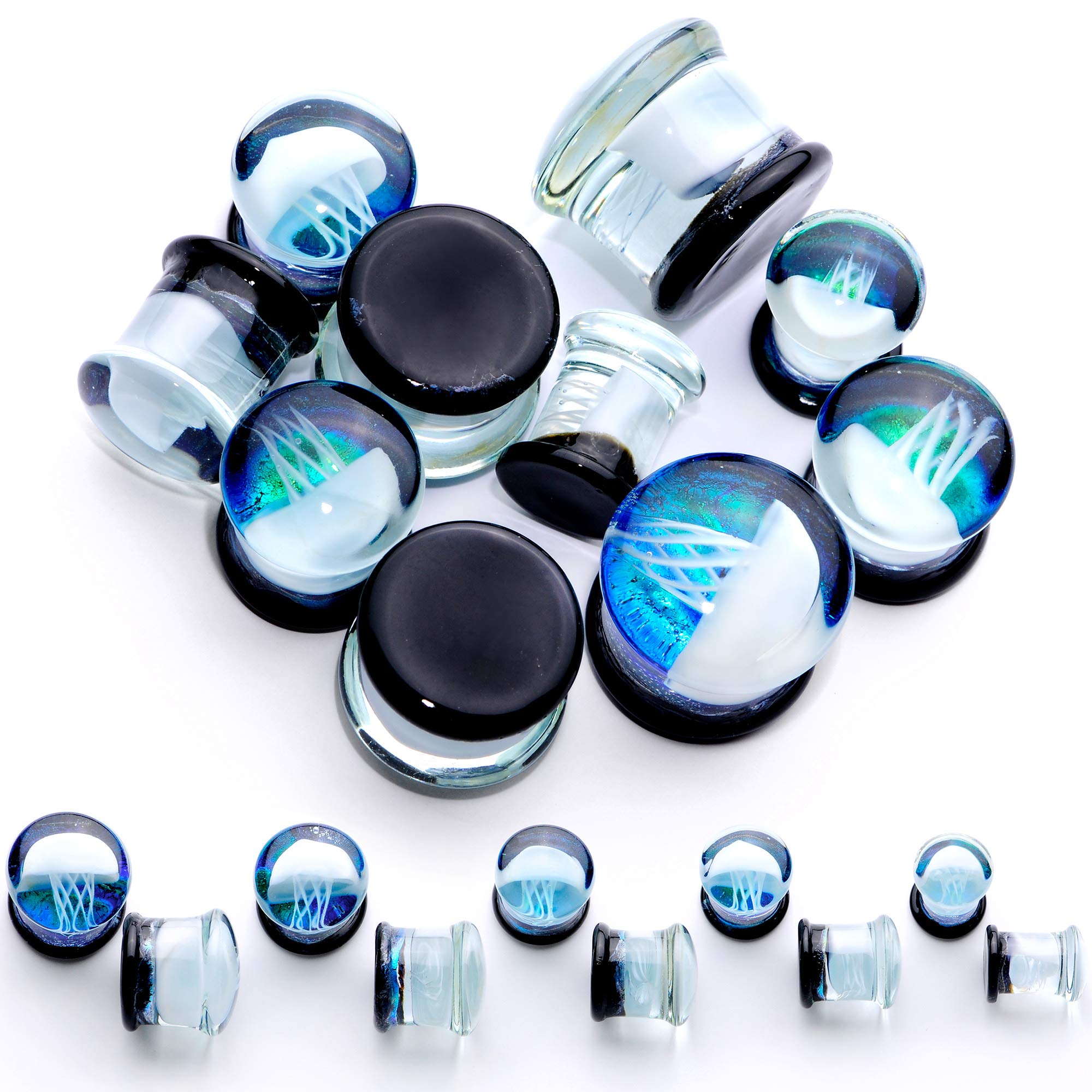 Body Candy 1” Unisex 2Pc Blue White Glass Nautical Jellyfish Double Flare Ear Plug Gauges Set of 2 25mm
