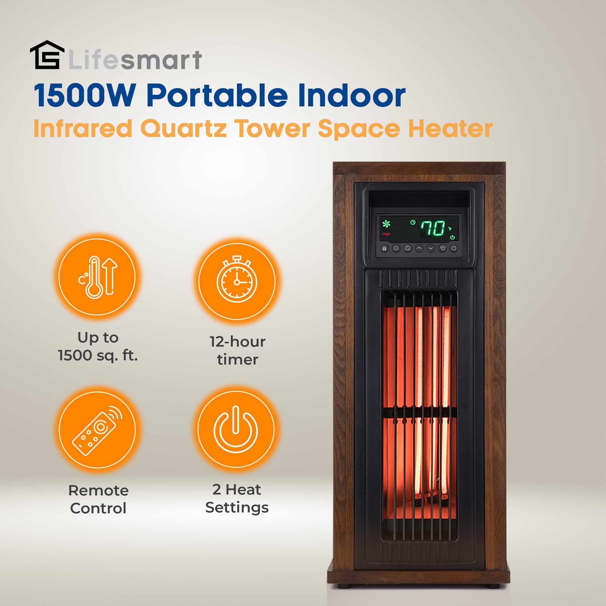 LIFESMART GLOBAL Tower Heater, Portable Indoor 23" Infrared Quartz Space Heater, 1500W
