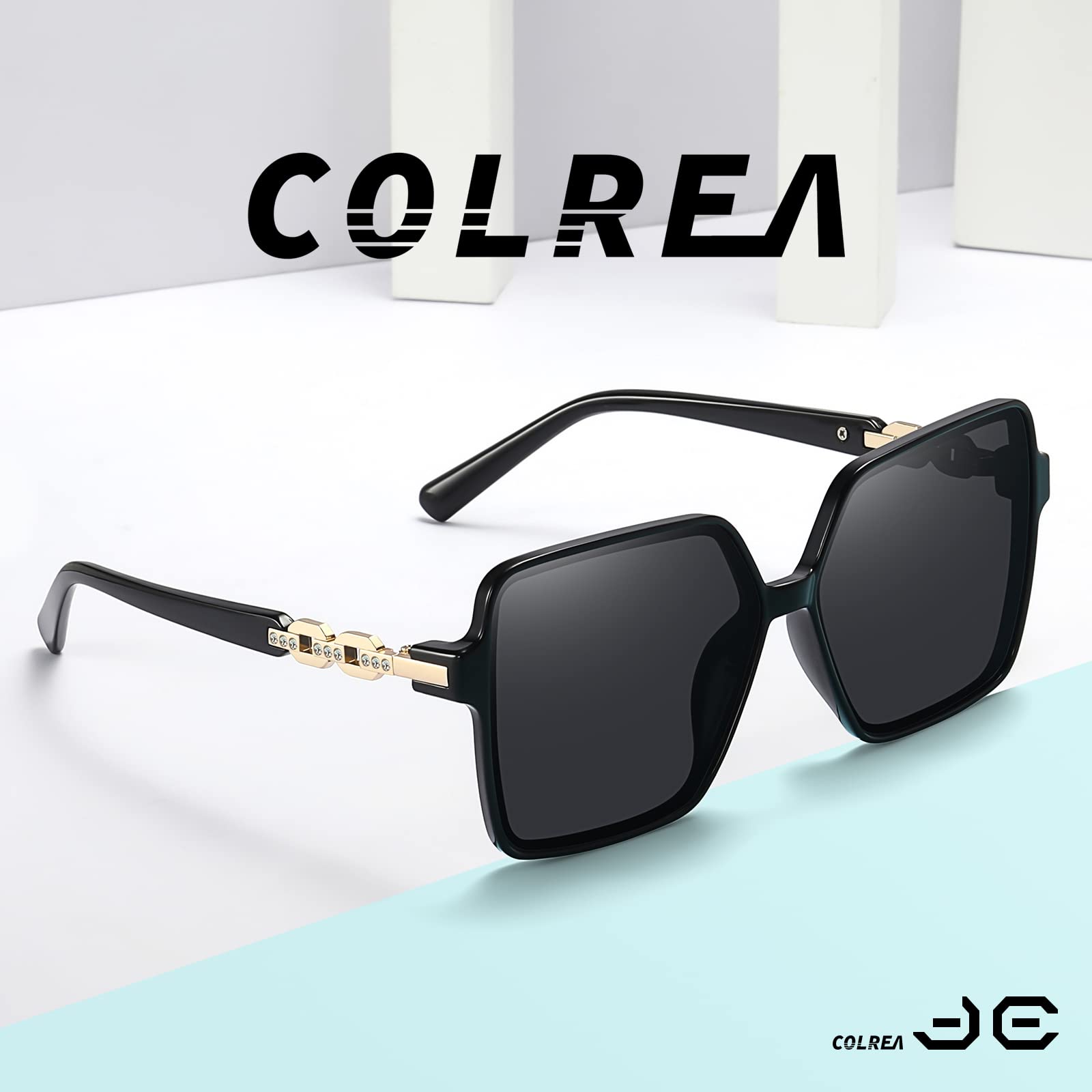 Colrea Trendy Polarized Square Sunglasses for Women Oversized Big Fashion Shades UV Protection CL23001 (Black)