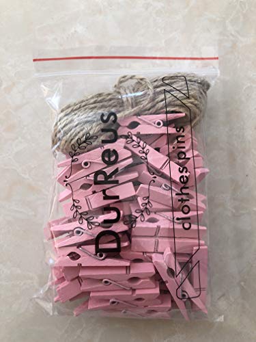 DurReus Tiny Clothes Pins Colorful Hang Up Photographs Drawings Party Clips Decor Baby Shower Game with Twine Pack 50 Pink