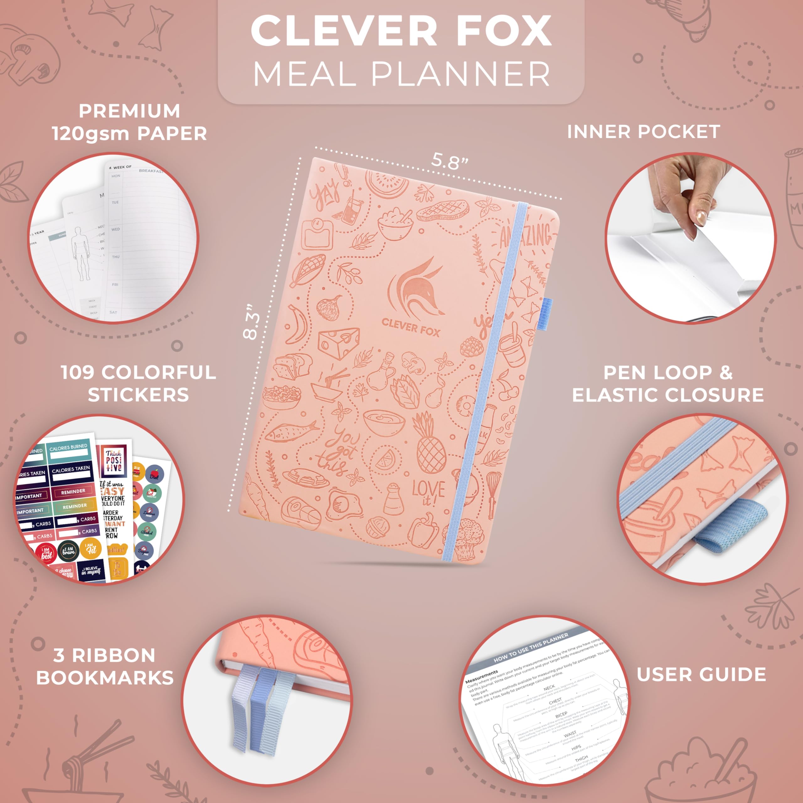 Clever Fox Weekly Meal Planner - Weekly & Daily Meal Prep Journal with Shopping and Grocery Lists for Menu Planning, Healthy Diet & Weight Loss Tracking, Lasts 1 Year, Undated, A5 - Light Pink