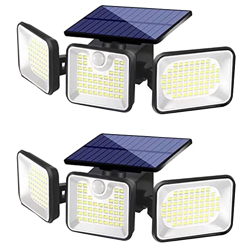 DONLINE Solar Lights Outdoor Waterproof, 3000LM Solar Motion Lights IP65 Waterproof Solar Spotlights Outdoor, 3 Adjustable Heads Security LED Flood Light for Garage Yard Patio, 2 Pack