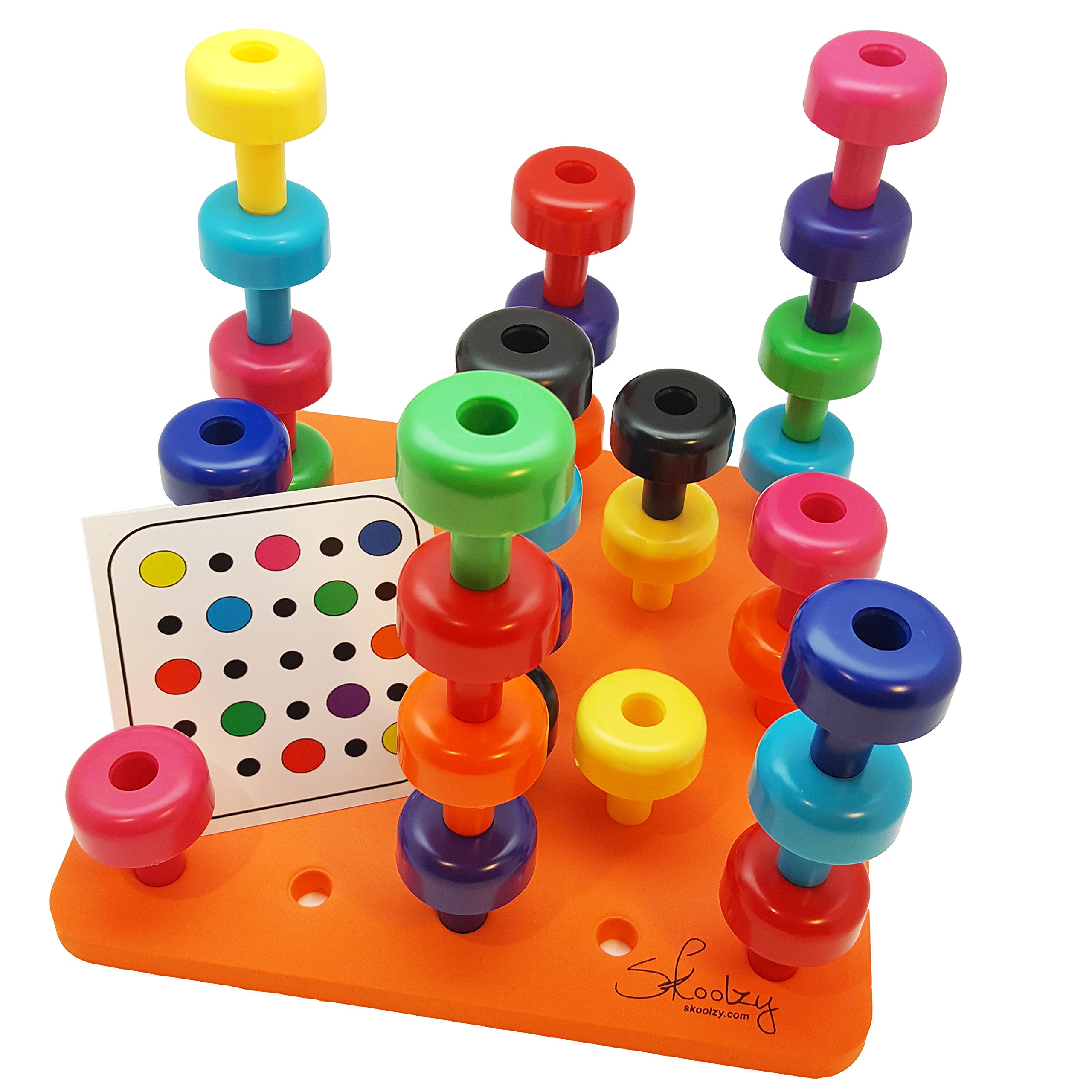Skoolzy Peg Board 33 Piece Set - Sorting and Stacking Fine Motor Toys Color Recognition Toys for Toddlers Occupational Therapy Toy for 2 + Year Includes Pegs, Foam Board, Pattern Card, ebook