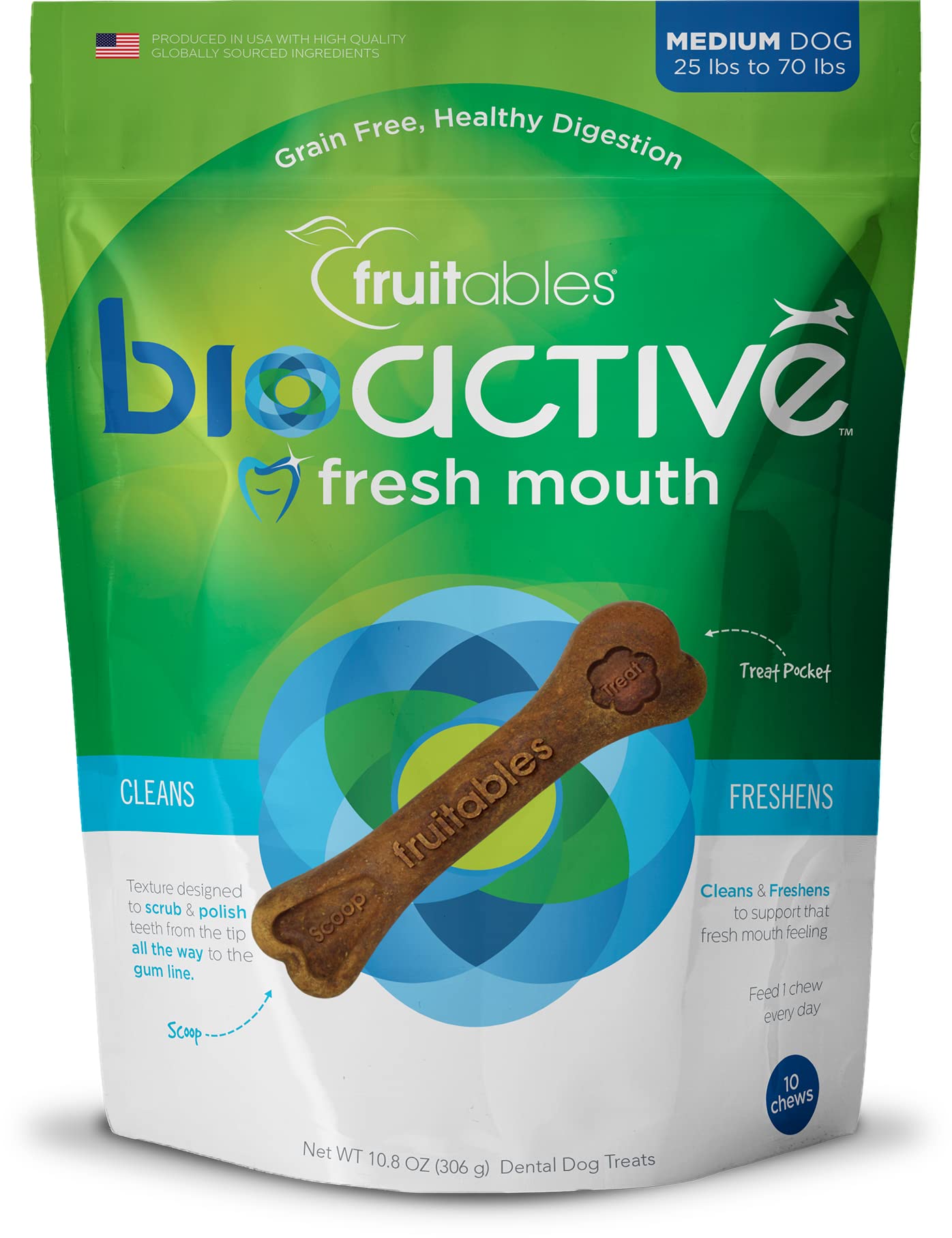 Fruitables Bioactive Dental Chews | Gluten and Grain-free Dental Treat | Superfood Formulated | Medium Dogs | 10 count