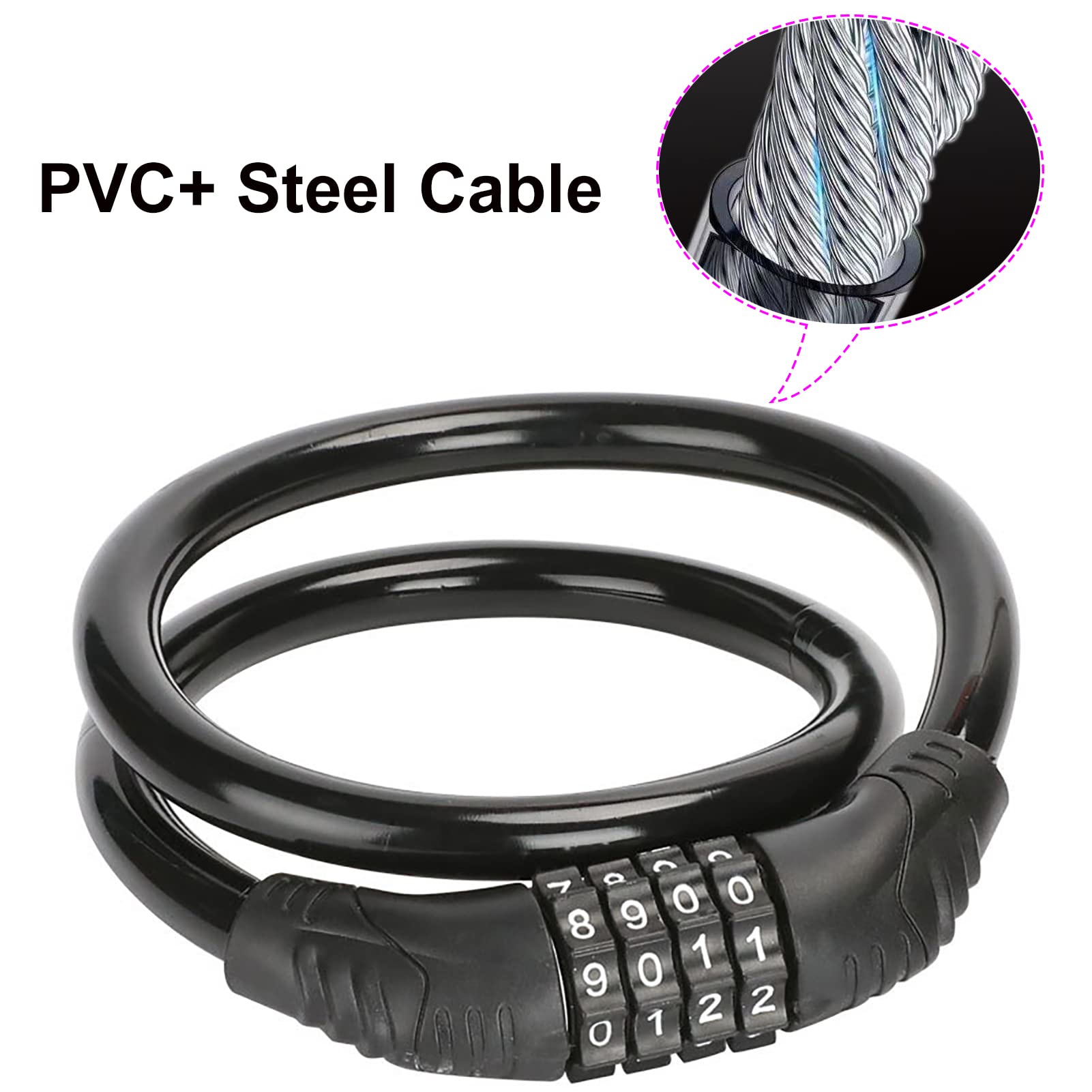 Bike Lock Cable, Anti Theft Bicycle Lock Chain, Bike Combination Lock 4 Digit Security Resettable Self Coiling Combination Cable Combo Bike Locks without Mounting Bracket, 2 Feet x 1/2 Inch (Black)