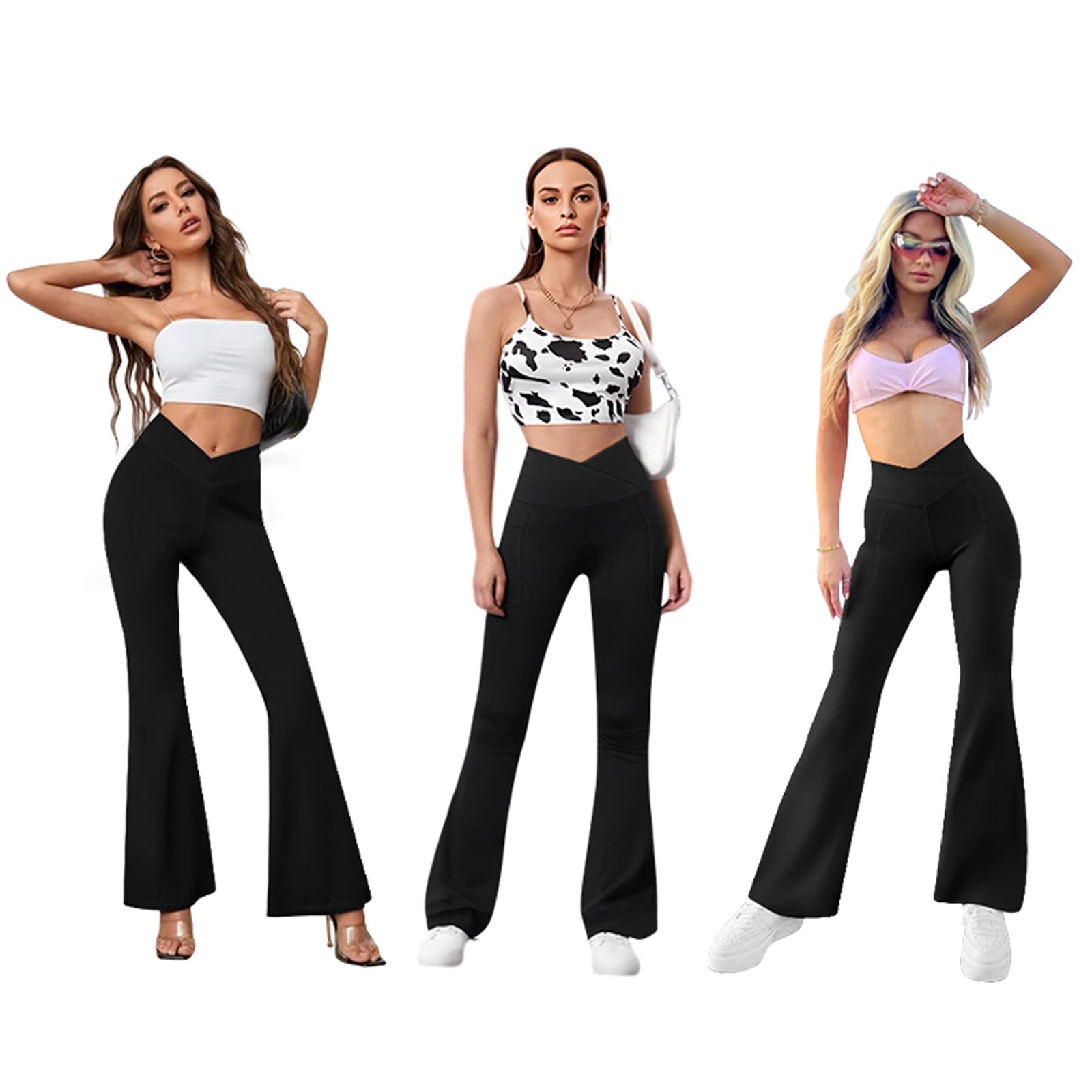 Cicendy Womens Flare Leggings,Crossover Yoga Pants Casual Bootleg Pockets High Waisted Stretchy Control Gym Workout Pants (as1, Alpha, s, Regular, Regular, Black)