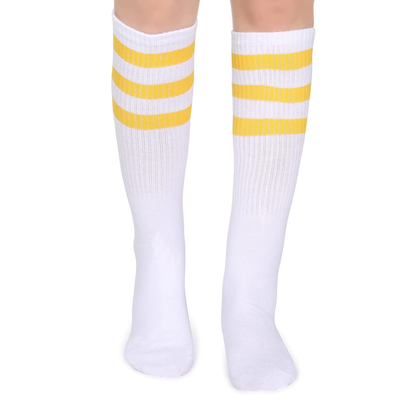 CICEYET Classic Triple Stripes Socks Halloween Cotton Knee High Tube Socks Skating Athletic Sport Socks for Men Women (White/Yellow)