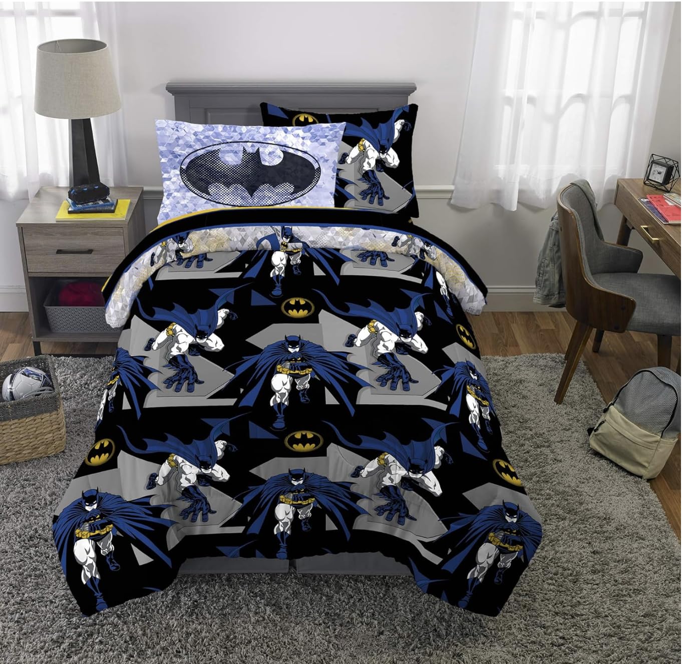 Franco Manufacturing Co. Inc. Batman 6 Pieces Twin Bed in a Bag Bedding Set, Blue, Black, Gray