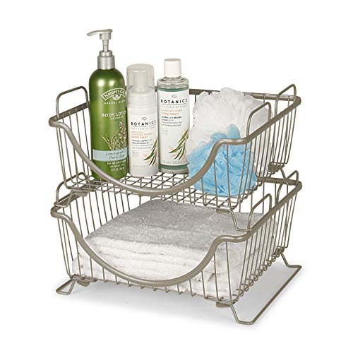 Spectrum Diversified Ashley Stackable Tray, Wire Basket with Raised Feet and Looped Handles Modular Stacking Bin System for Kitchen Countertop & Desk Organization, Satin Nickel