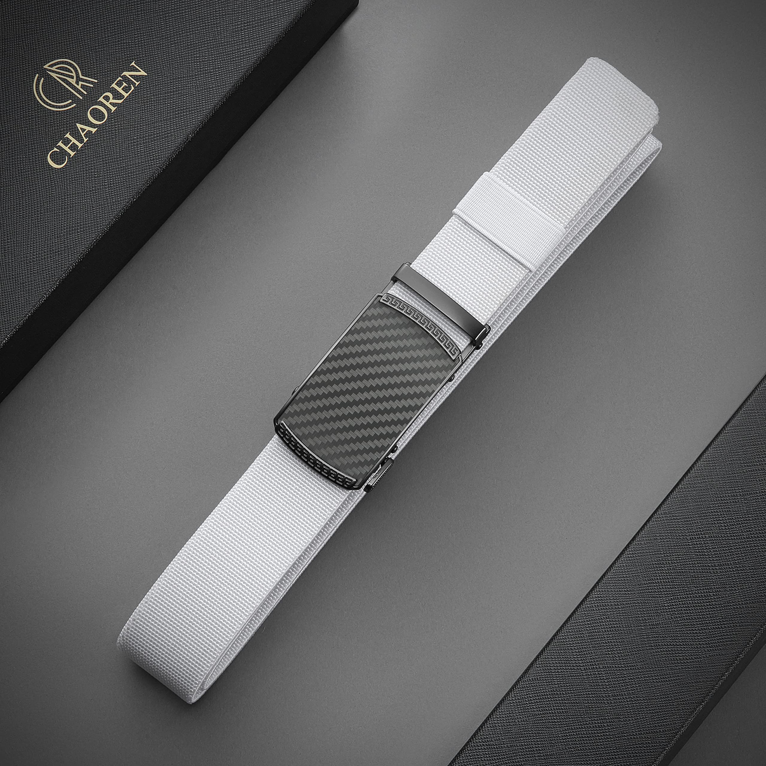 CHAOREN White Ratchet Elastic Belt for Men - Nylon Web Adjustable Belt 1 3/8" for Casual Wear - Comfort Fabric Golf Belt