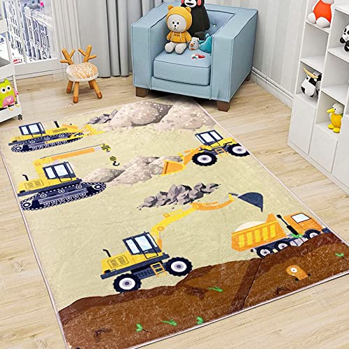 USTIDE Thick Kids Rug Play Mat 4'x6',Cartoon Construction Area Rug Excavator Digger Kids Carpet Boys Girls Bedroom Rugs Floor Carpet Playroom Rug Nonslip Crawling Mat Plush Nursery Rug