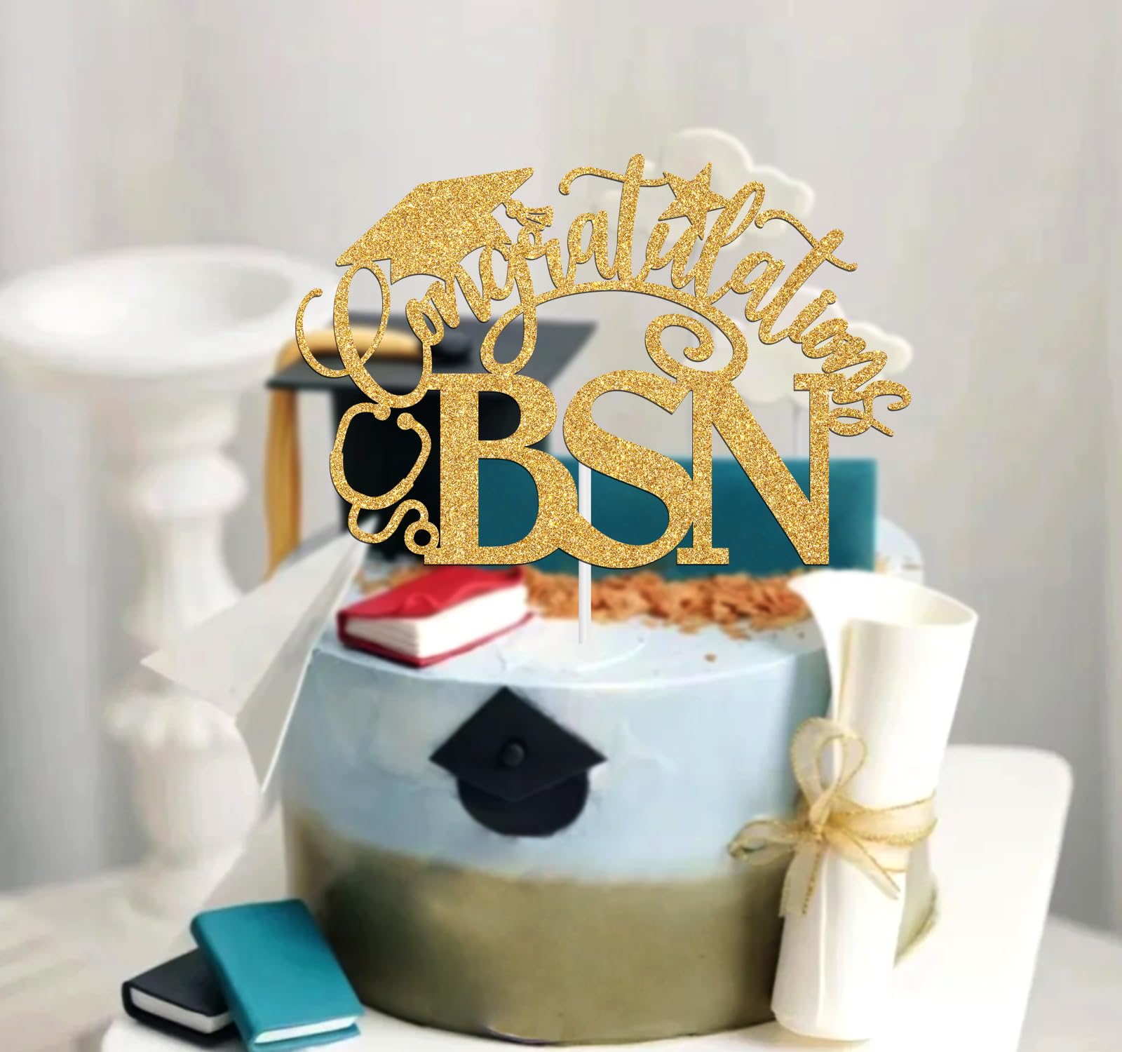 Ferburitar Congratulations BSN Cake Topper, Congrats Nurse/RN Cake Decor, 2025 Nursing School Grad Graduation Party Decorations Supplies, Gold Glitter
