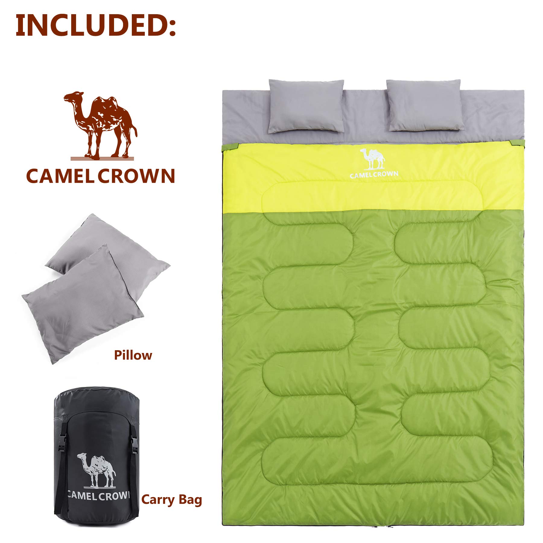 CAMEL CROWN Sleeping Bag for Adults Kids Double Sleeping Bag with 2 Pillows 4 Seasons Warm & Cool Weather Lightweight Backpacking Sleeping Bag for Hiking & Camping (Fruit Green)