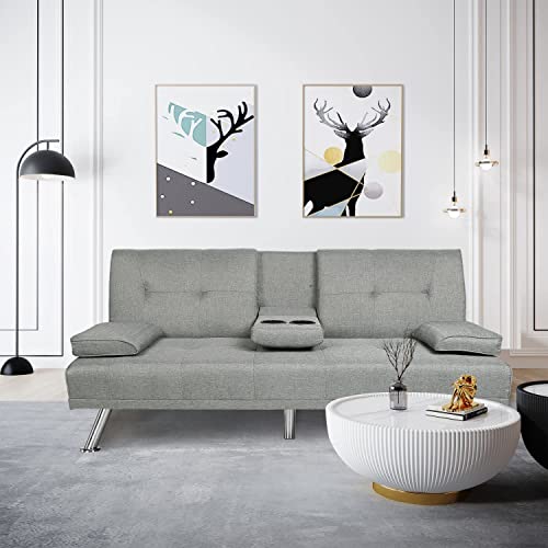 FULife Futon Sofa Convertible Sleeper Couch Bed Daybed Loveseat, Folding Recliner with 2 Cup Holders, Metal Legs, Removable Soft Pillow-Top Armrest for Living Room Small Place, Light Gray 66.1