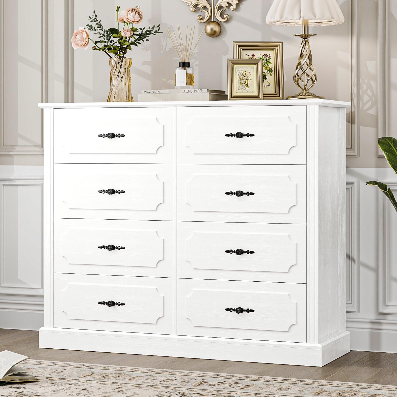 FINETONES White Dresser Chest of Drawers, 47.2“ Wood Dresser 8 Drawer with Steel Handles, Modern Dresser Drawers Floor Storage Cabinet for Living Room Hallway Office