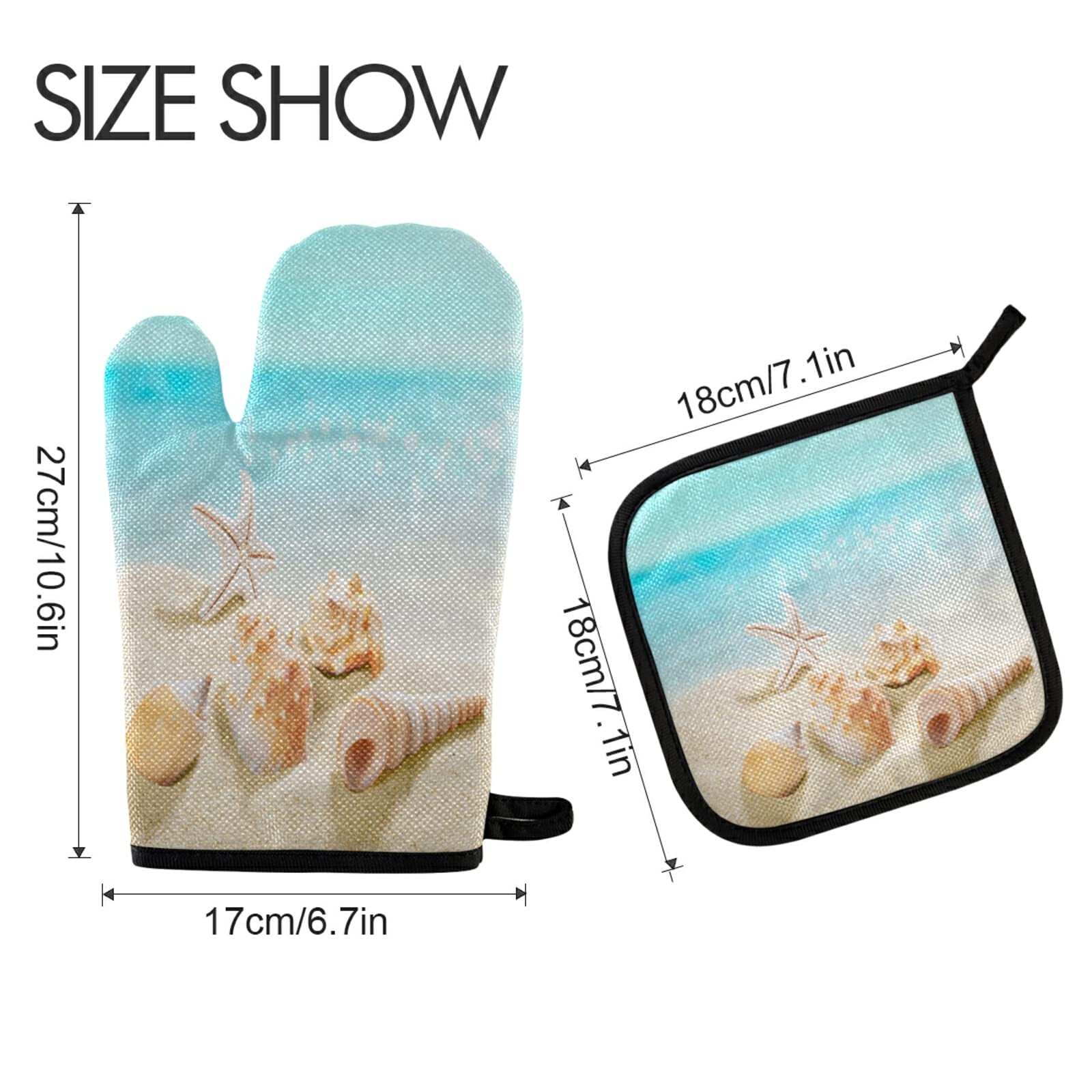Conch Starfishs Seashells Sand Oven Mitts and Pot Holders Sets Summer Holiday Hot Pads Heat Resistant Cooking Gloves Handling Kitchen Cookware Bakeware BBQ