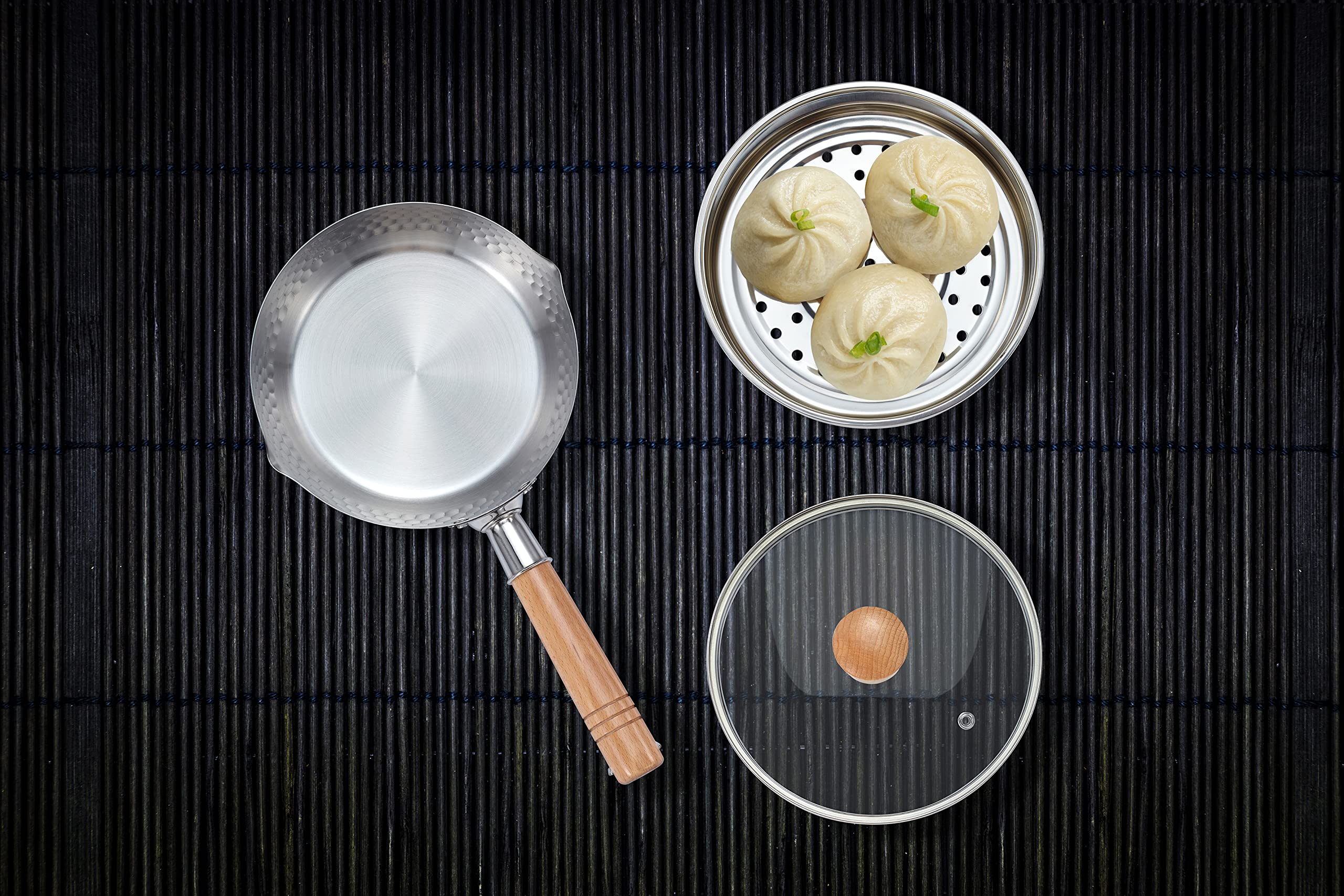 CONCORD 2 Quart Stainless Steel Yukihira Pan with Steamer. Traditional Japanese Saucepan with Wood Handle. Great for Ramen, Tempura pot, Milk, etc.