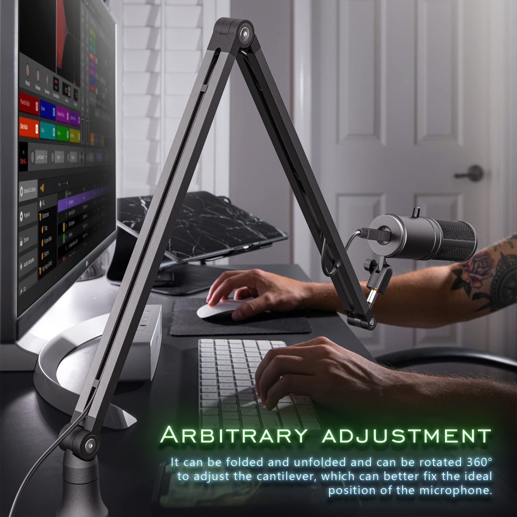 CACENCAN Boom Arm, 360° Rotatable Microphone Stand with Desk Mount, Foldable Desk Mic Arm with 3/8'' to 5/8'' Screw Adapter, Microphone Arm for Live Streaming, Gaming, Podcasting, Radio(Space Black)