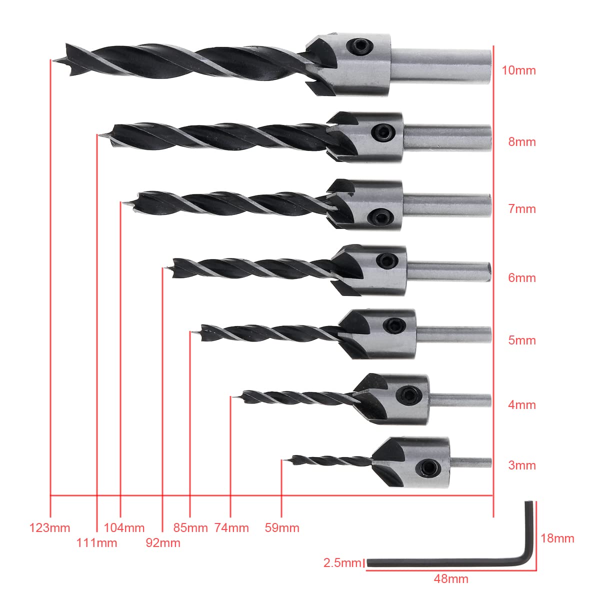 CLAHJQX Countersink Drill Bit Set, 7pcs 3-10mm HSS 5 Flute Round Handle Woodworking Chamfer Woodworking Drill Hole Drilling