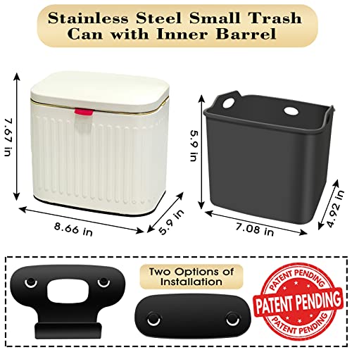 Kitchen Compost Bin Trash Can with Lid, Detachable Stainless Steel Small Trash Can Compost Bin Countertop, Wall-Mount Kitchen Trash Bin for Cabinet, Under Sink, Bathroom (1.05 Gallon, 4L Ivory White)