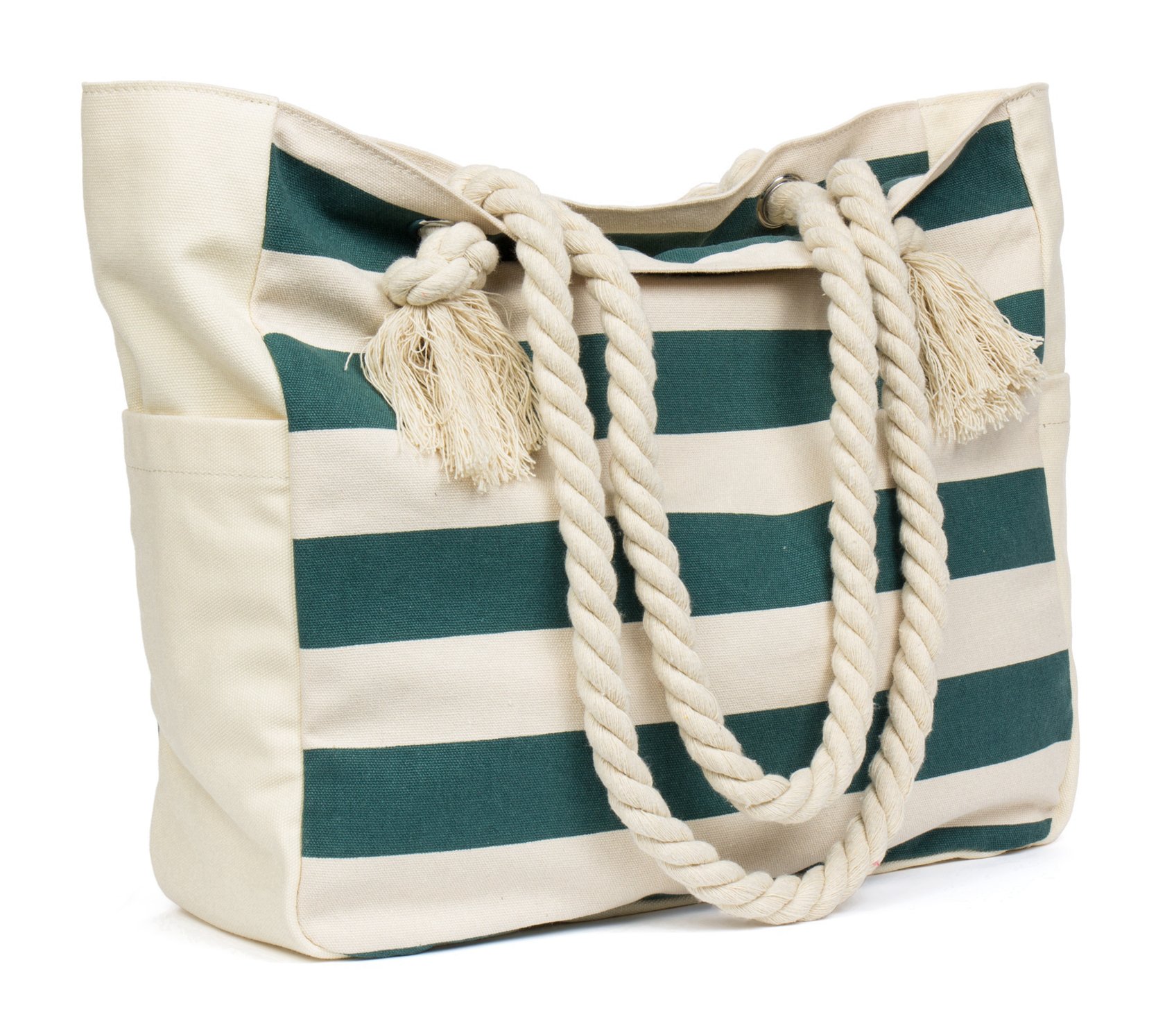 Malirona Large Beach Travel Tote Bag Canvas Shoulder Bag with Cotton Rope Handle (Green Stripes)