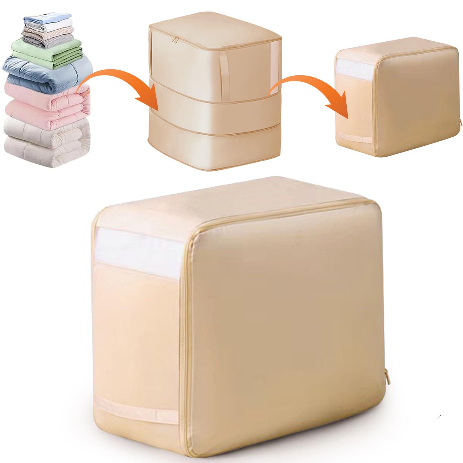 Dannir Clothes Storage Bag, Ultra Space Saving Self Compression Organizer for Blanket, Quilt, Pillow, X-Large Zipper Comforter Storage Bags with Mesh Window, Home Essentials, Cream