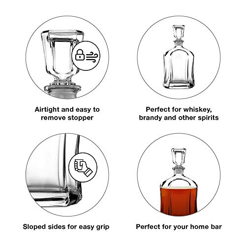 Whiskey Decanter Set with Whiskey Glasses and Airtight Stopper for Vodka, Bourbon, Brandy. Italian Glass | 23.75oz with 2 pack 11oz glasses, Made in Italy