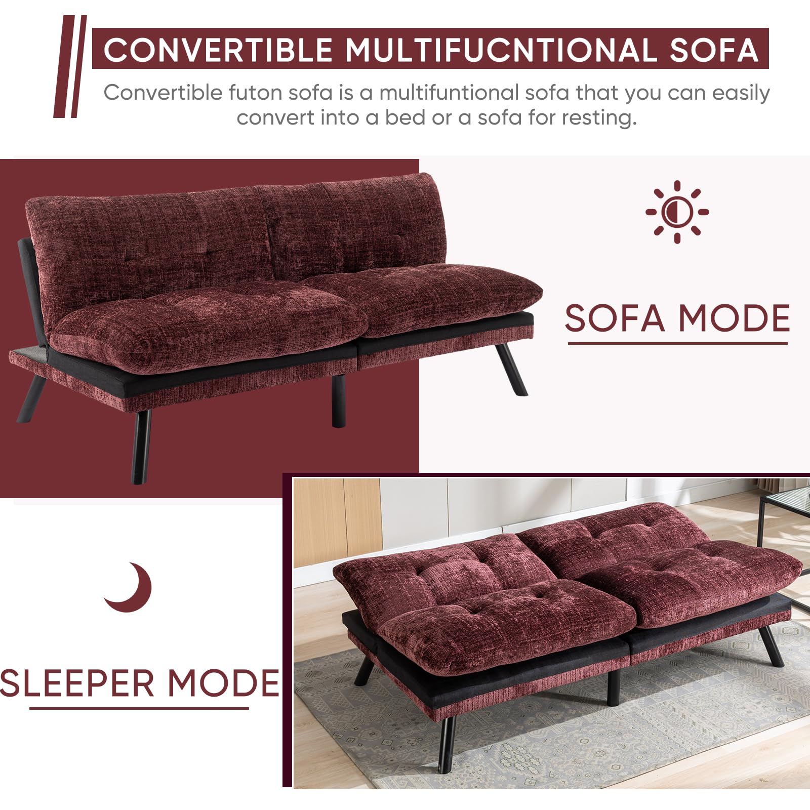 Futon Sofa Bed, Convertible Sleeper Couch Memory Foam Small Splitback Loveseat for Living Room,Modern Upholstered Love Seat with Adjustable Backrest and 6 Metal Legs,Thicker Cushion Version(Burgundy)