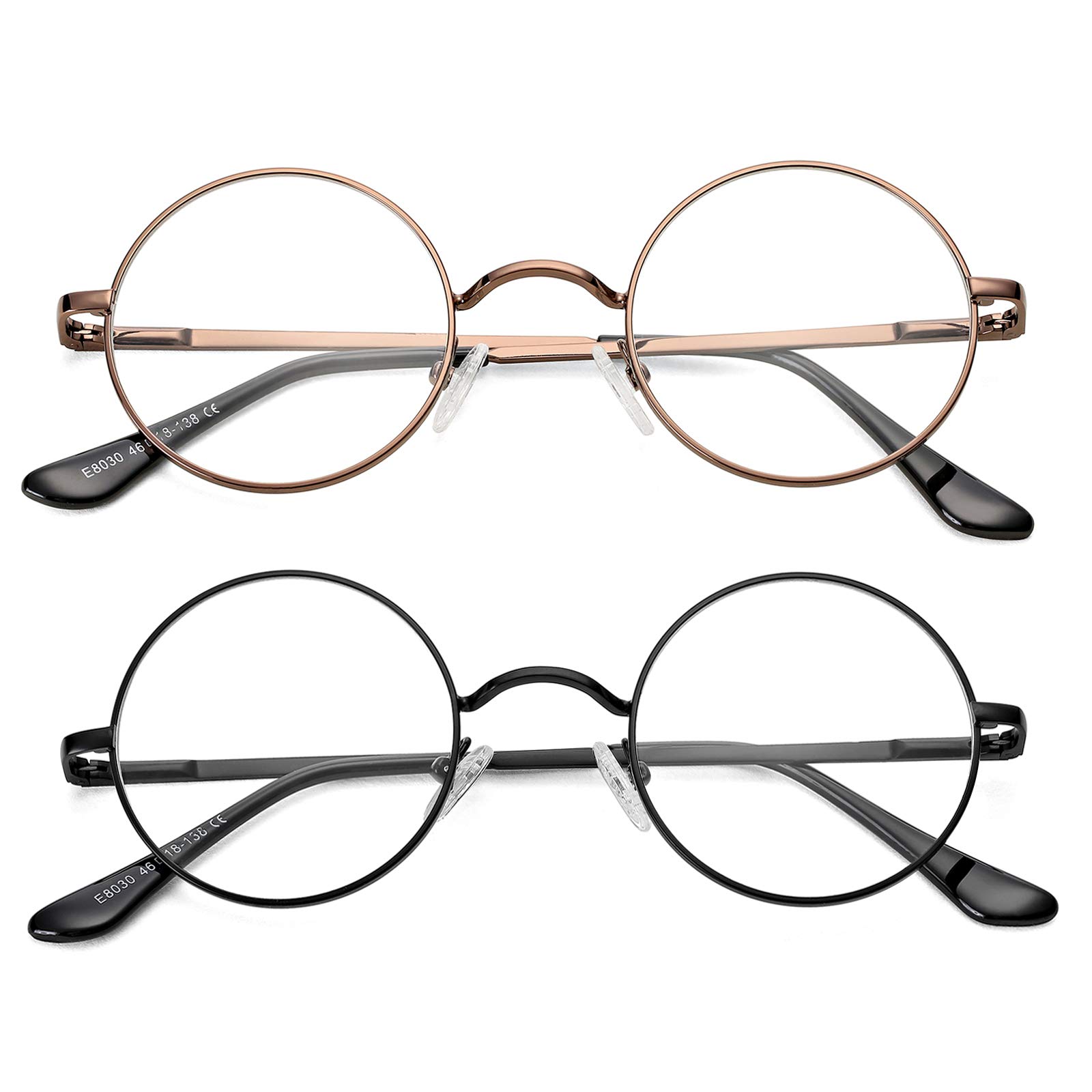 Braylenz 2 Pack Retro Small Round Glasses with Clear Lens, Unisex Style Hippie Eyeglasses Frame (Bronze + Black)