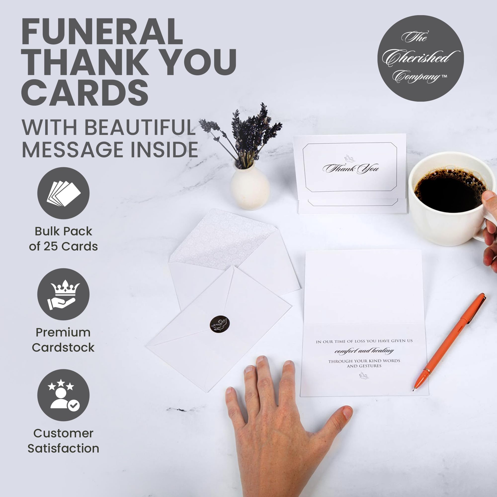 Funeral Thank You Cards with Envelopes | Sympathy Cards with Meaningful Message | Set of 25 with Decorative Envelopes and Stickers for Envelope Closure