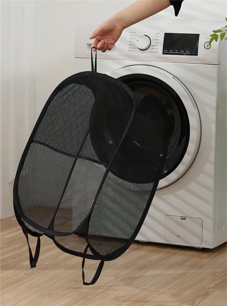 Clasoul pop up hamper with a handle, portable foldable laundry basket. The mesh laundry basket is breathable and moisture-proof, and the large capacity pop up laundry is suitable for home(black)